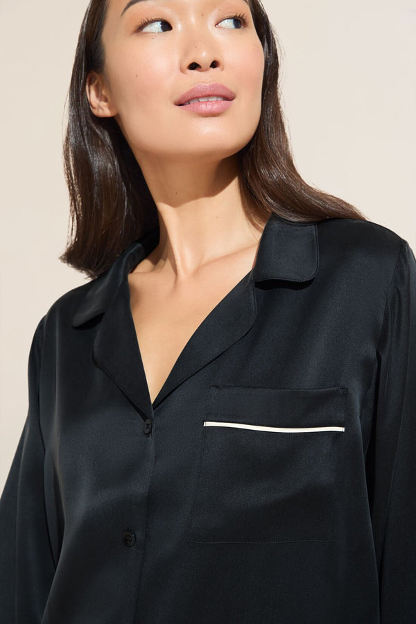 Inez Washable Silk Long PJ Set - Black/Champagne - Eberjey